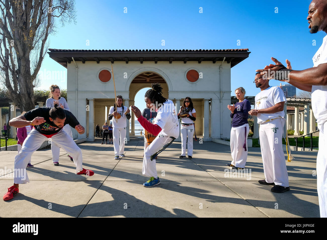 OAKLAND, CA-JAN 3, 2015: Capoeira martial arts enthusiasts practise at ...