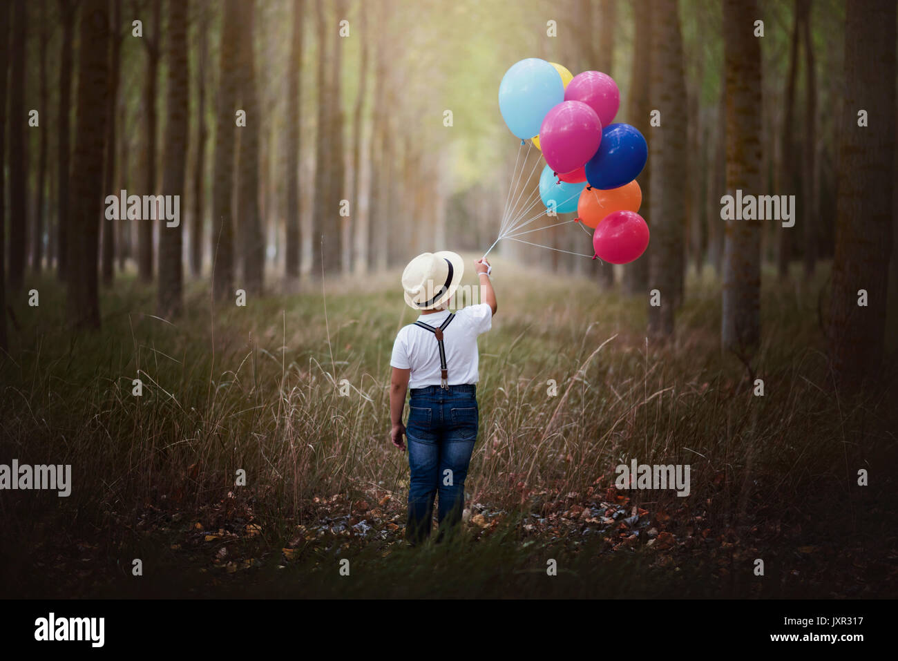 Child with balloons in the forest Stock Photo - Alamy