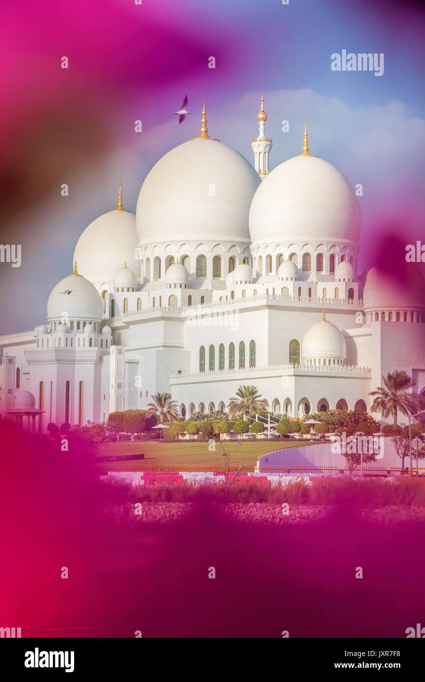 Sheikh Zayed Grand Mosque with flowers in Abu-Dhabi, United Arab ...