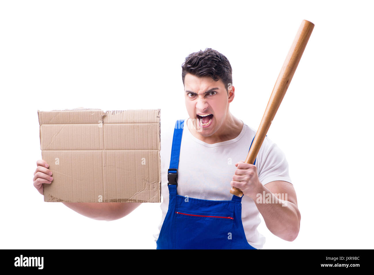 Angry man with baseball bat holding a message board on white background ...
