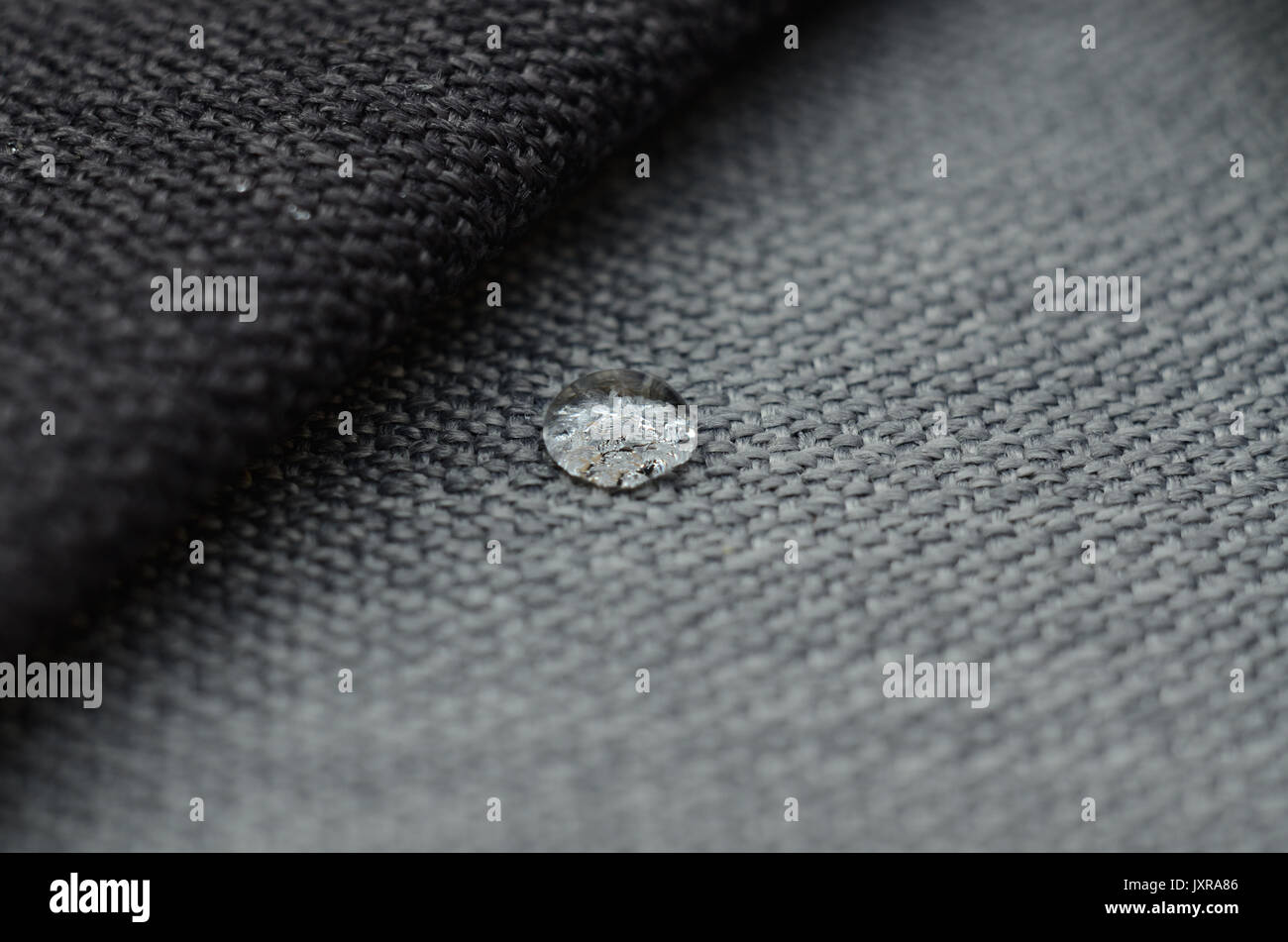 Close up water drop on grey gunny textile. Concept for easy clean ...