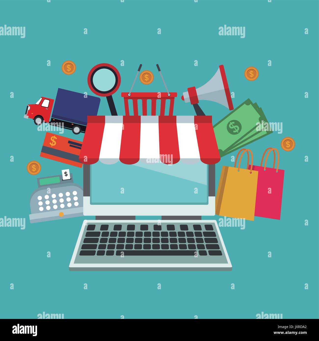 color background with laptop computer store with awning and elements ...