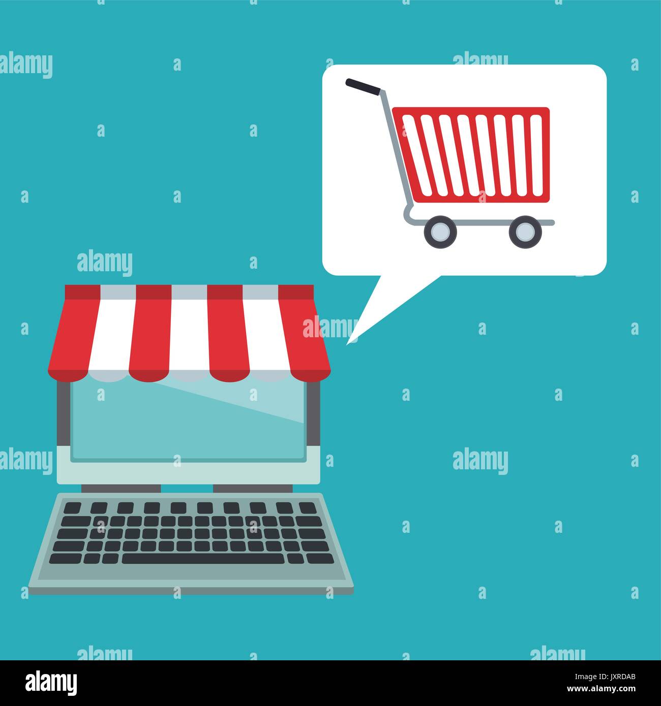 color background with laptop computer store with awning and dialog box ...