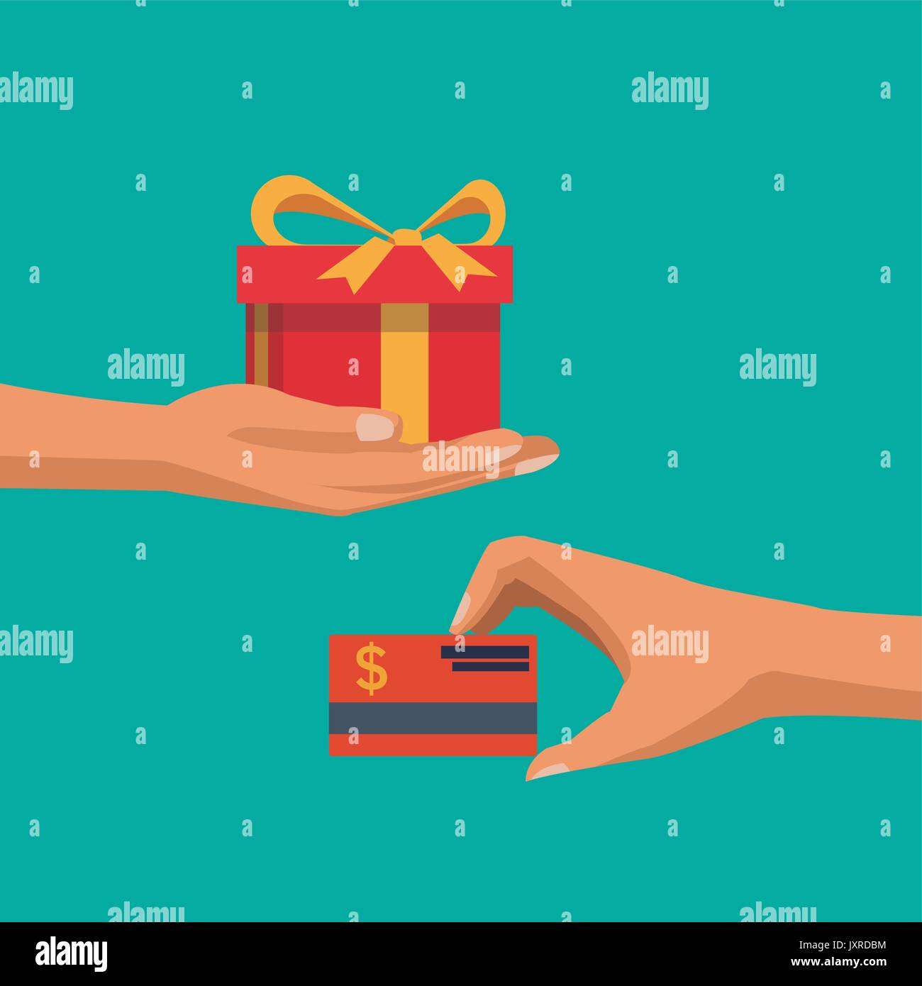 color background with hands holding a gift and credit card Stock Vector ...
