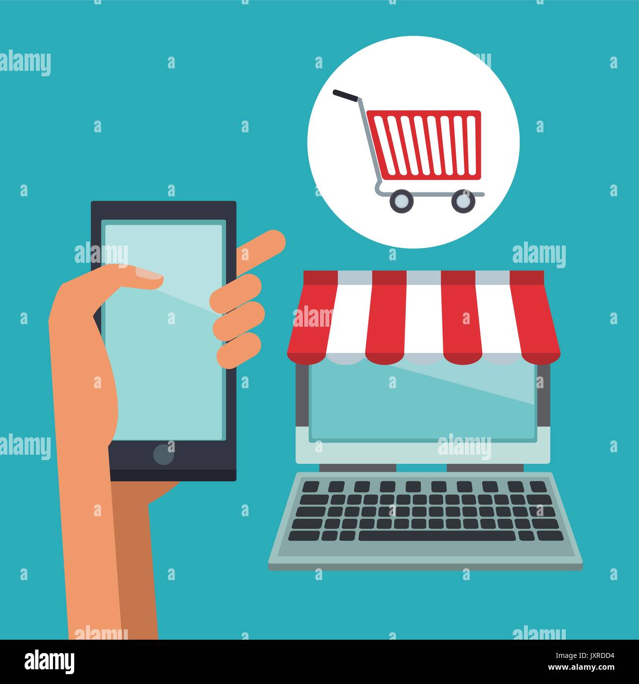 color background with customer holding a smartphone and laptop with ...