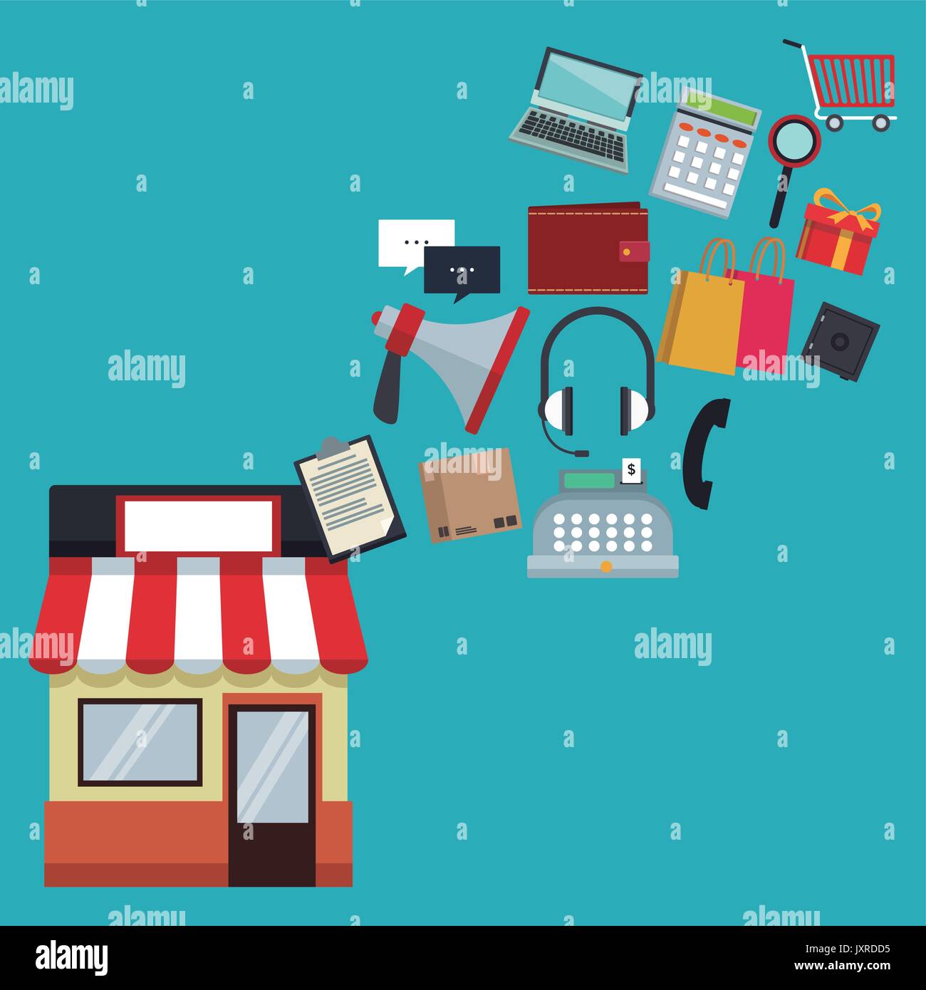 color background with store with awning and icons online shopping ...