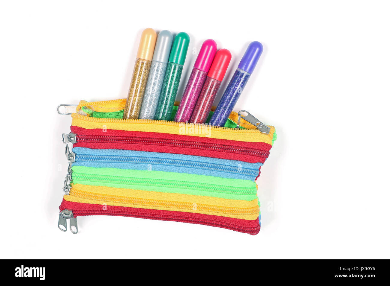 Colorful pencil box with glitter pens peeking outside Stock Photo - Alamy