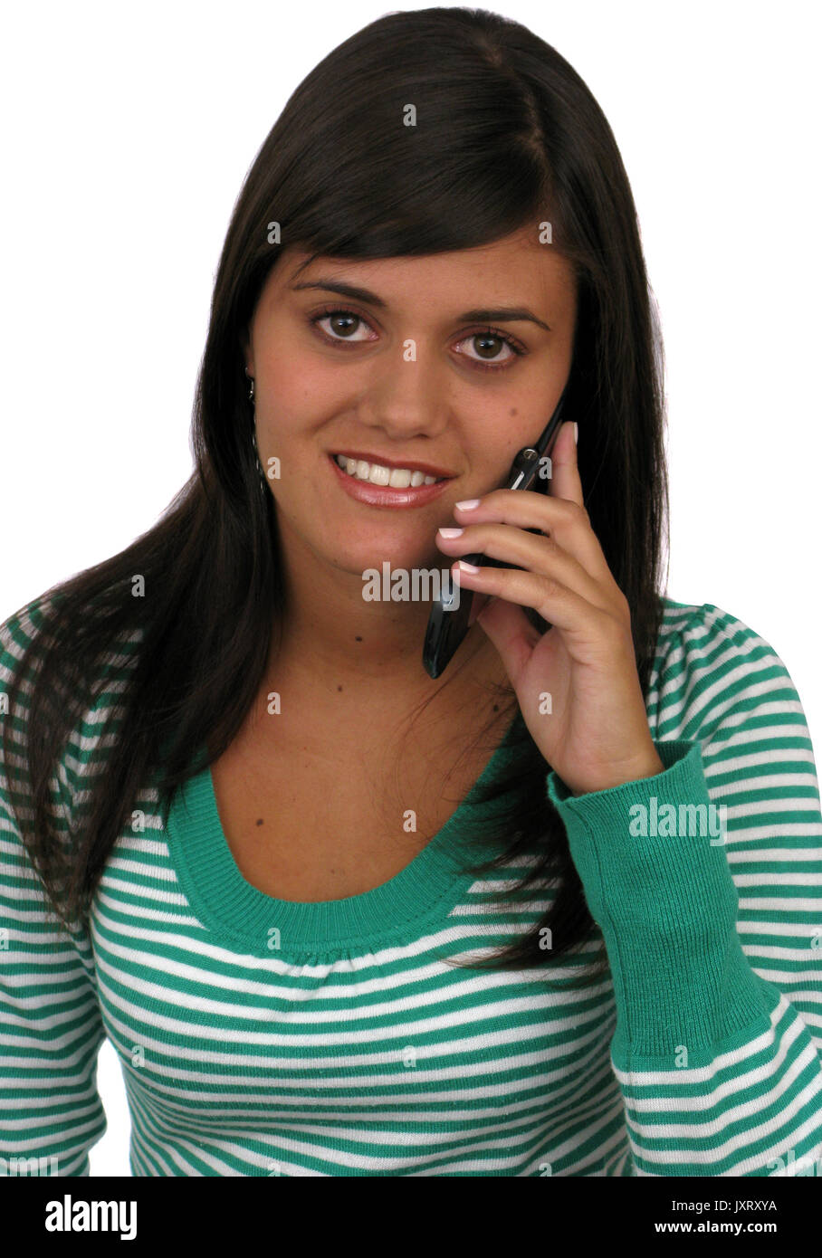 Casual girl on the phone over a white background Stock Photo - Alamy