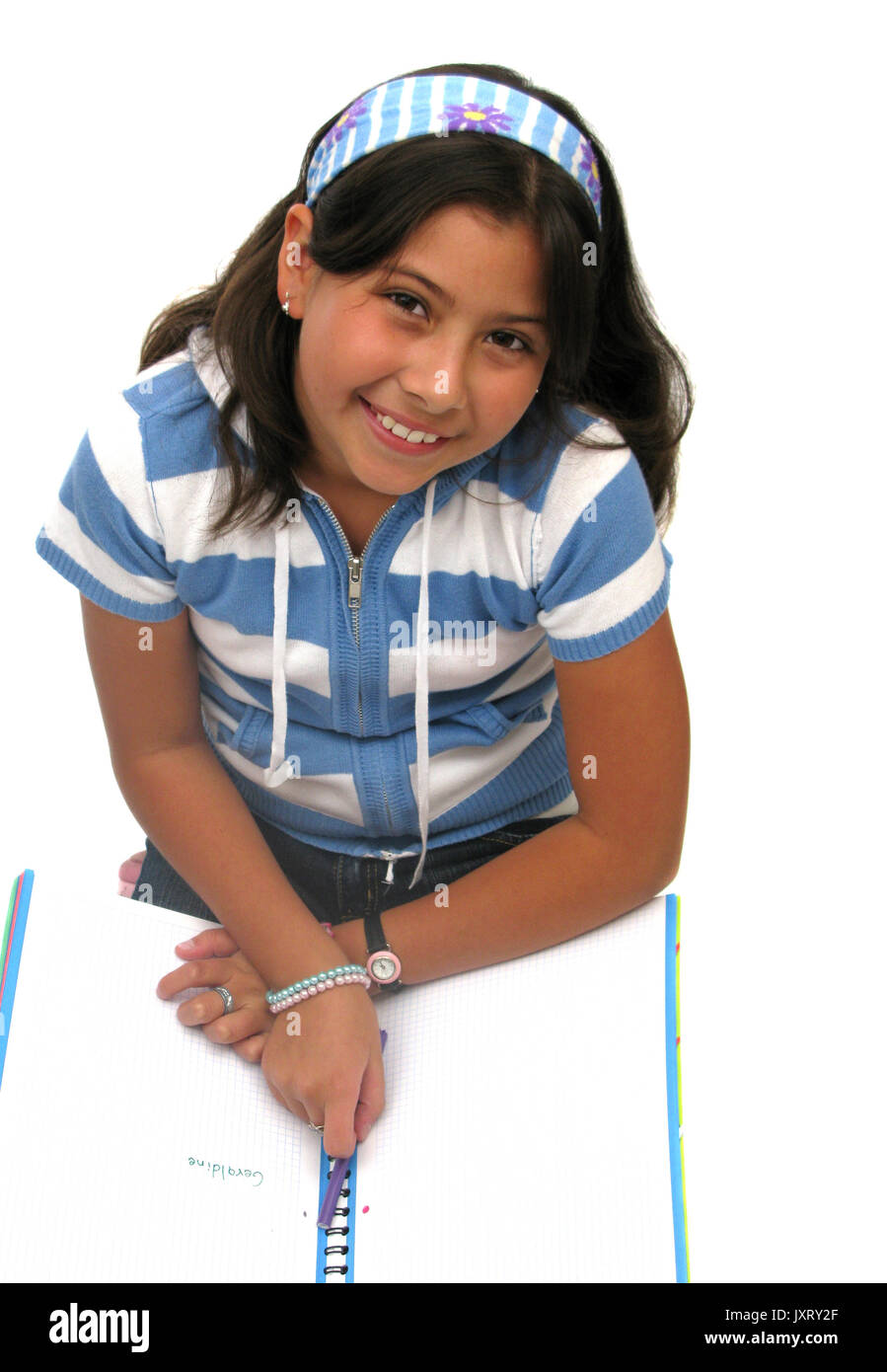 School student doing his homework isolated over a white background ...