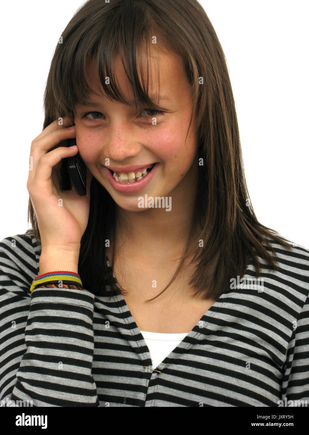 Girl on the phone over a white background Stock Photo - Alamy