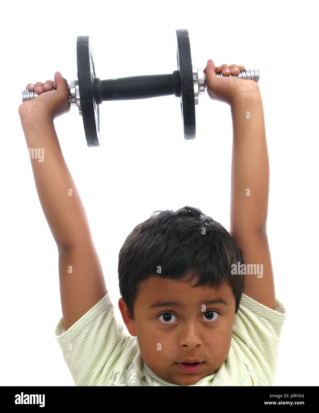 Boy lifting weights over white background Stock Photo - Alamy