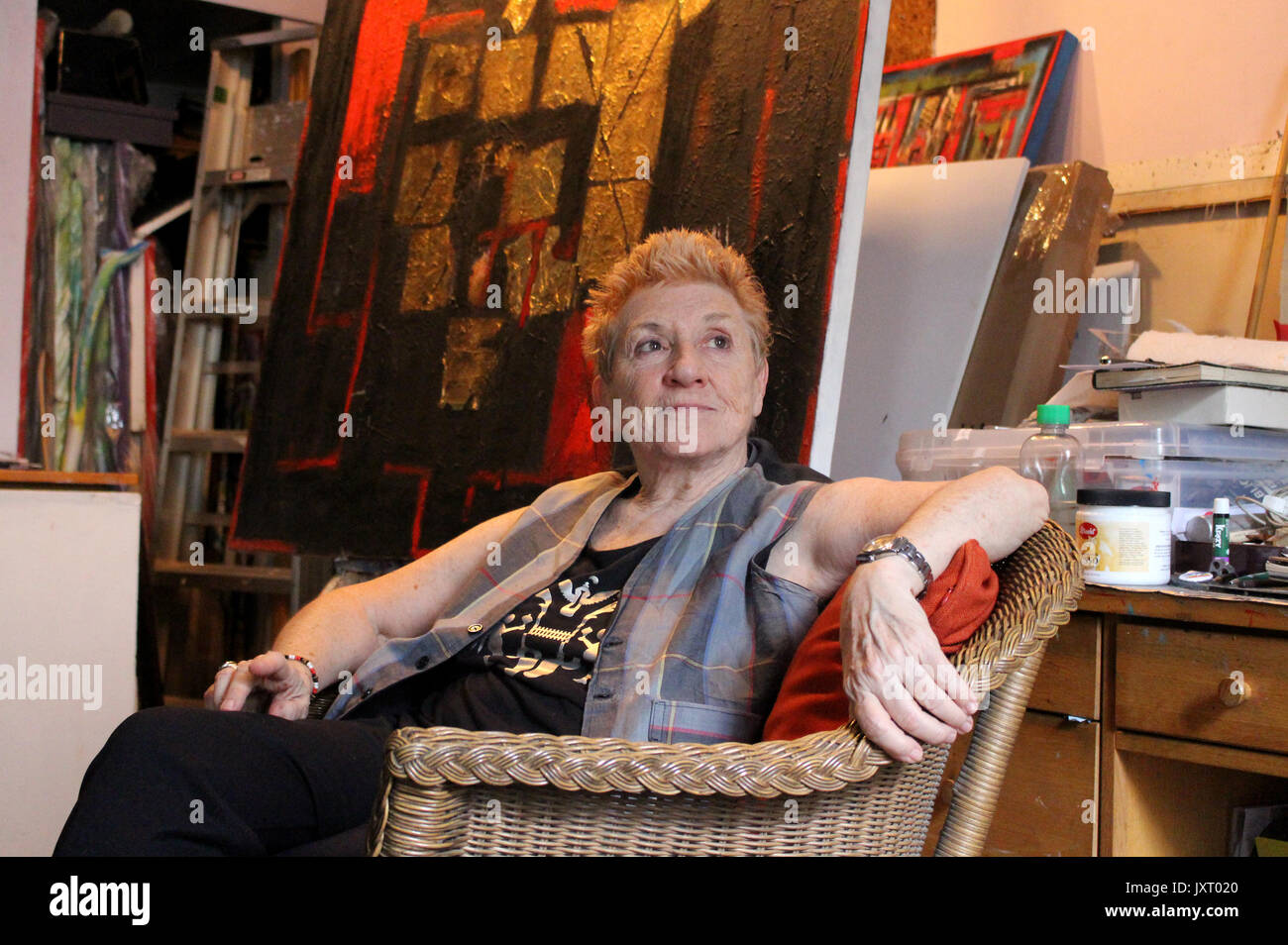 New York, US. 14th Aug, 2017. Artist Carol Massa sitting in front of ...