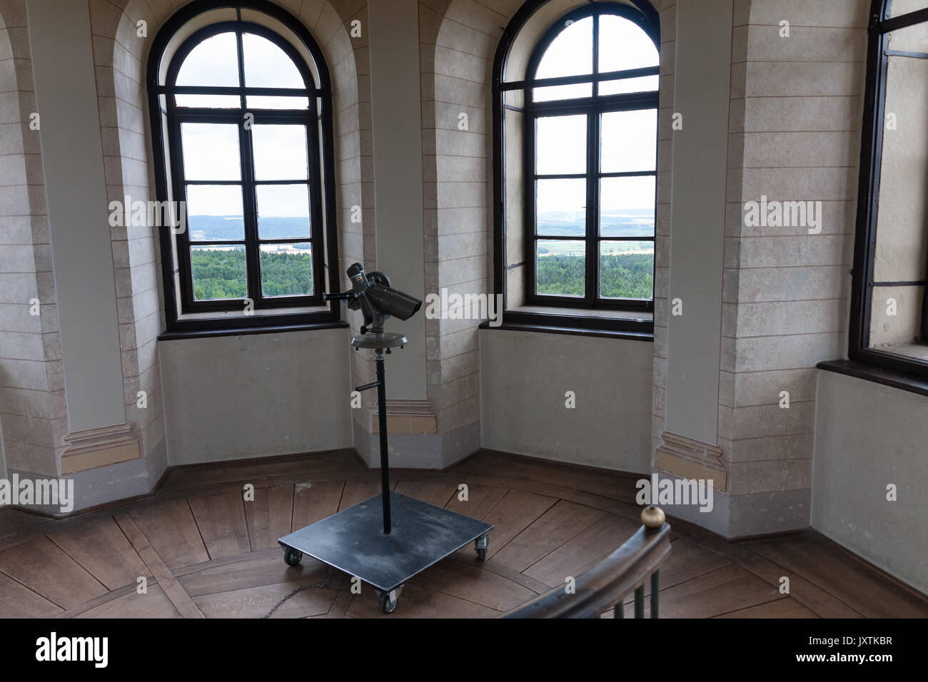 Telescope inside in lookout tower Babylon in Czech Republic, tower is ...