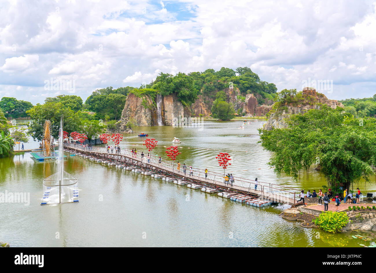 Panorama ecotourism area with a bridge over peninsula in large lake ...