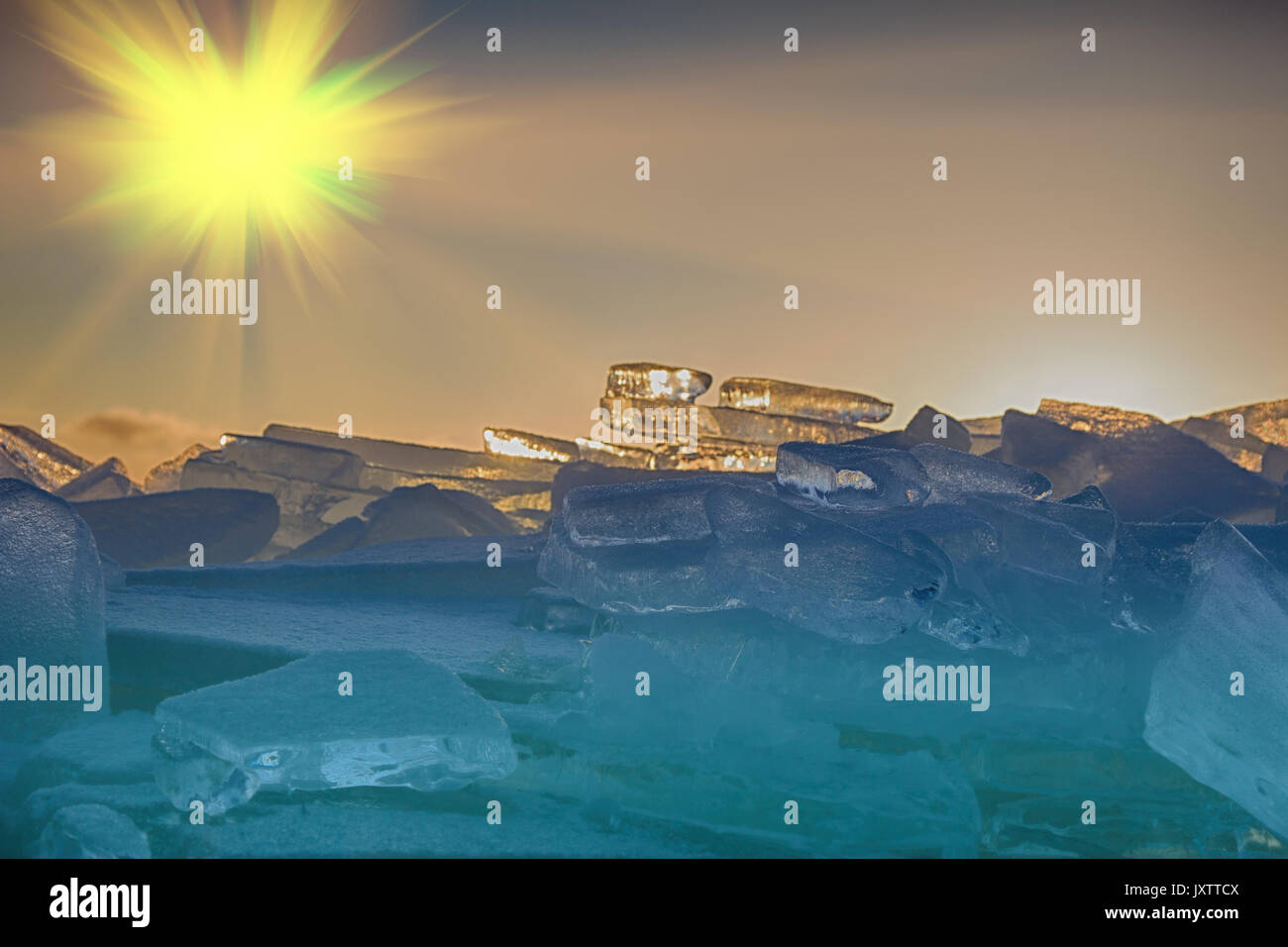 Joyful mood. Spring sparkles and shines on melting ice. Sun hits eye ...