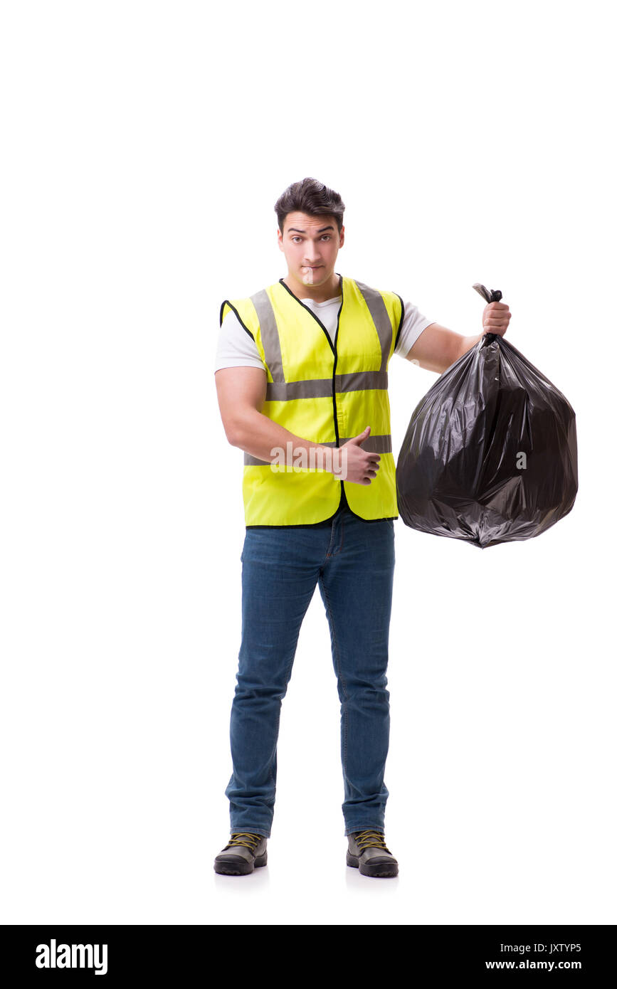 Man with garbage sack isolated on white Stock Photo - Alamy
