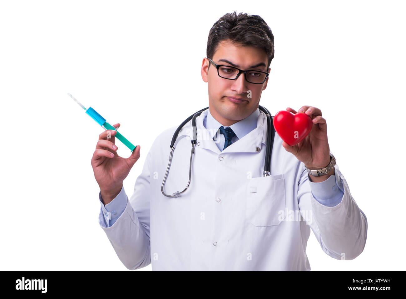 Young male cardiologist doctor holding a heart isolated on white ...