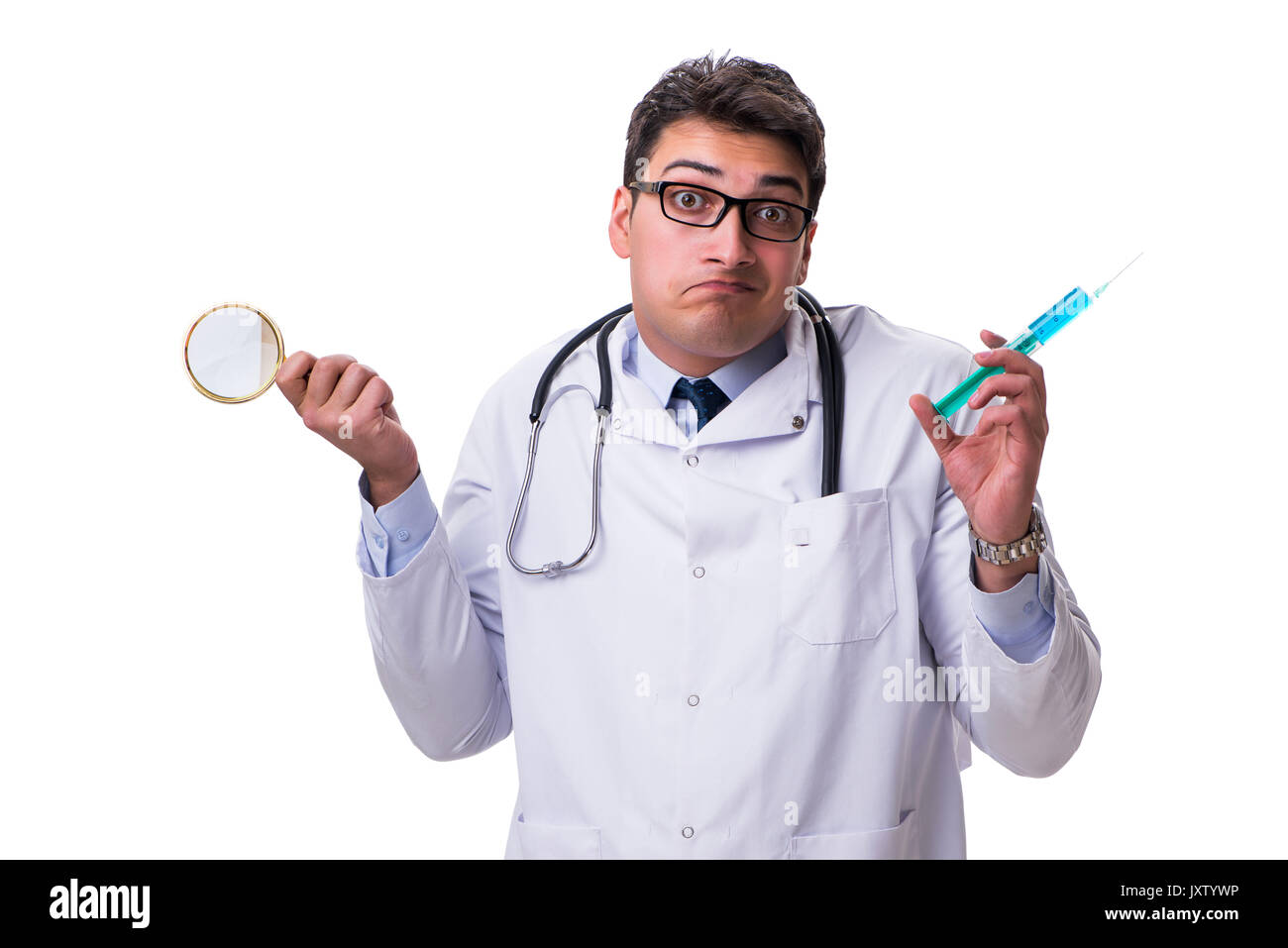 Young doctor with a magnifying glass and a syringe isolated on white ...