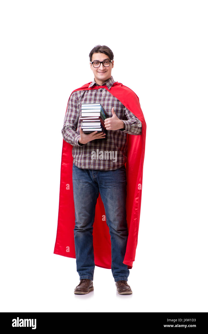 Super hero student with books isolated on white Stock Photo - Alamy