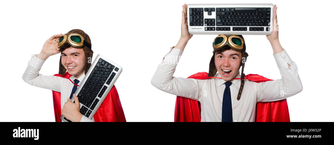Funny hero with keyboard isolated on the white Stock Photo - Alamy