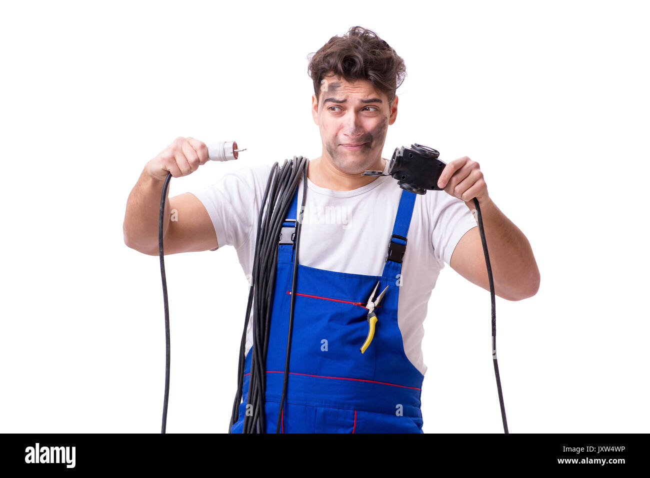 Funny man doing electrical repair Stock Photo - Alamy