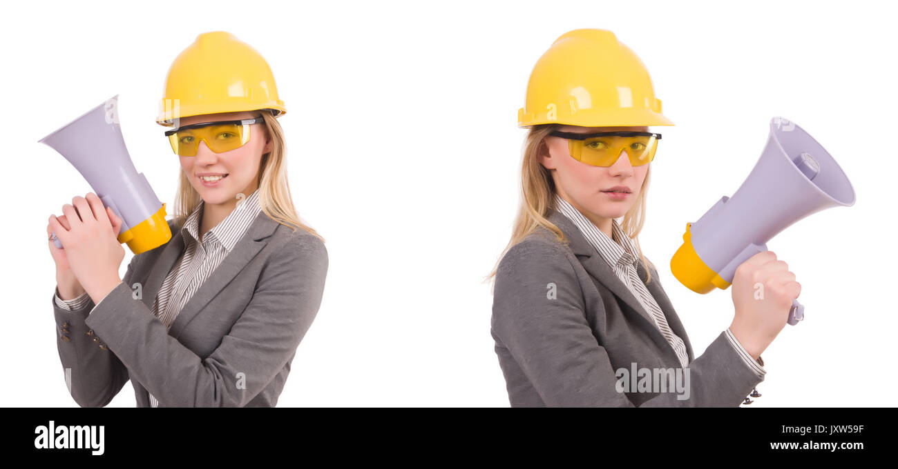 Female engineer in helmet with loudspeaker isolated on white Stock ...