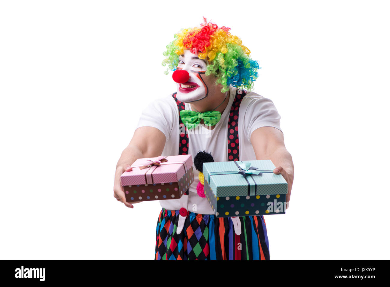 Funny clown with a gift present box isolated on white background Stock ...
