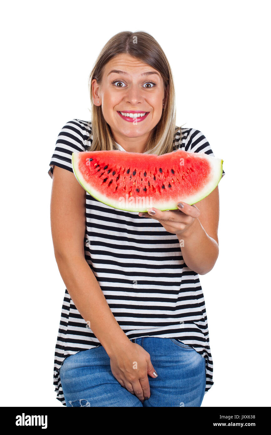 Picture of young woman eating watermelon, she needs to pee - on ...