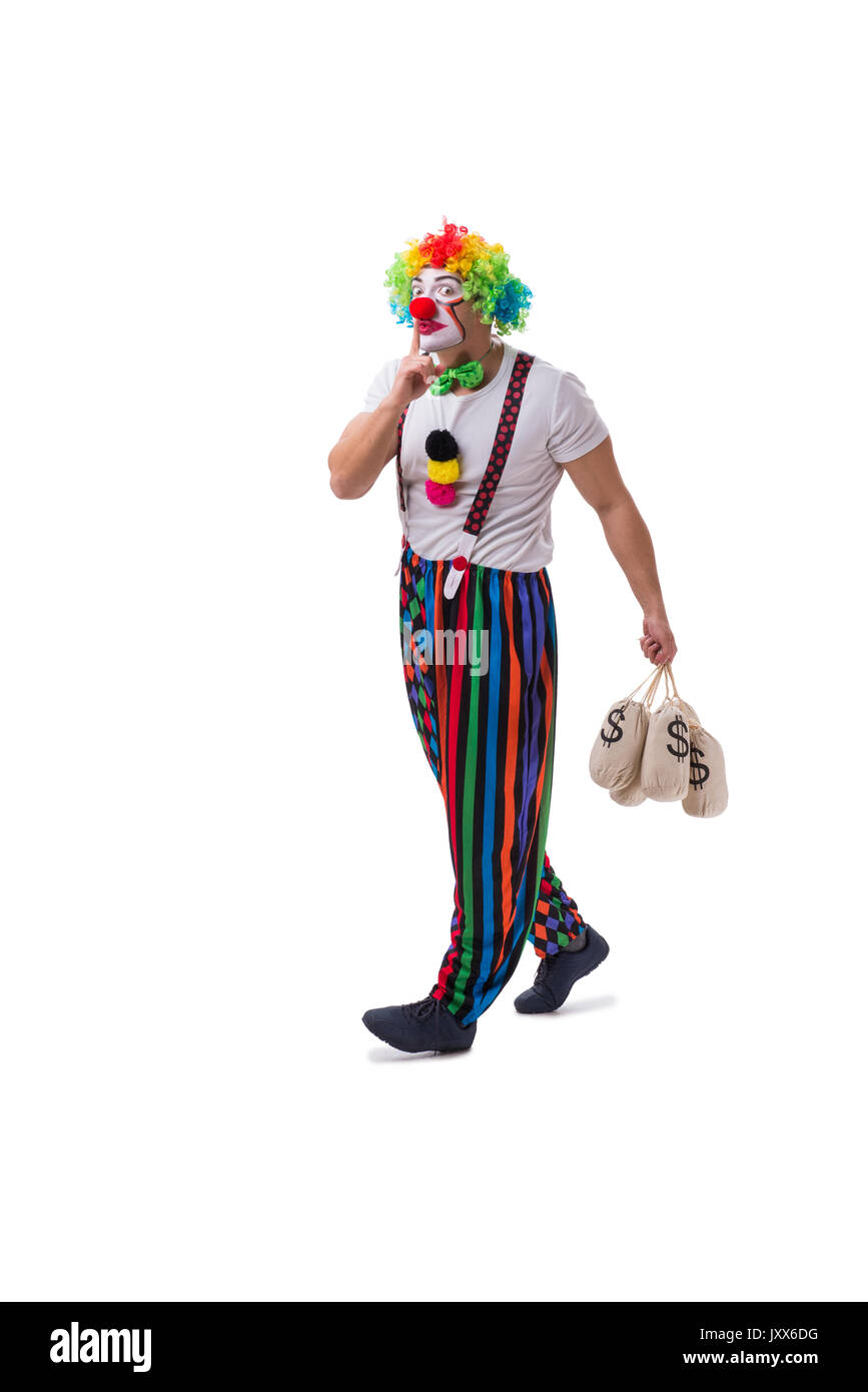 Funny clown with money bags sacks isolated on white background Stock ...