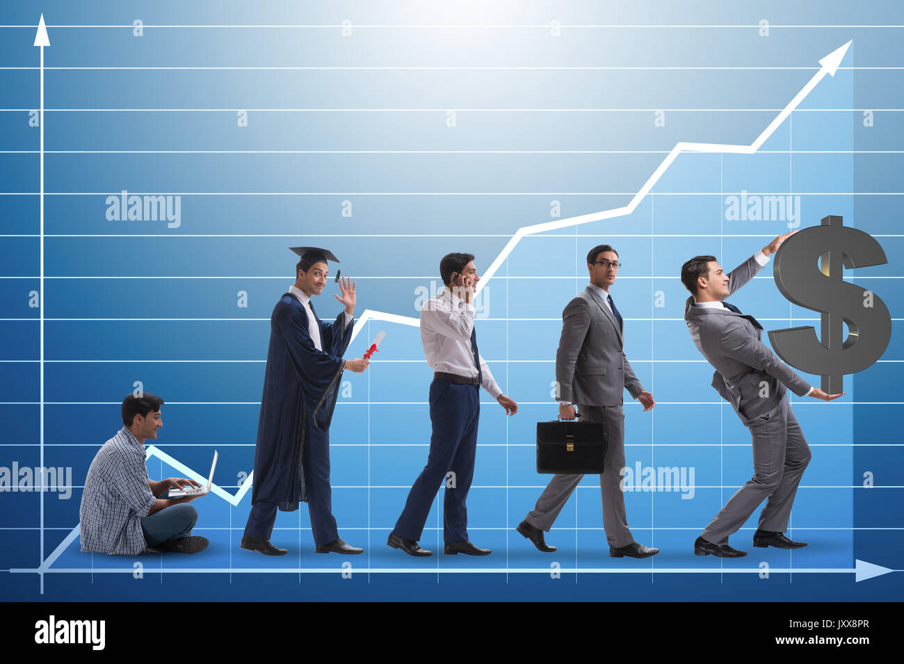 Business concept with man progressing through stages Stock Photo - Alamy