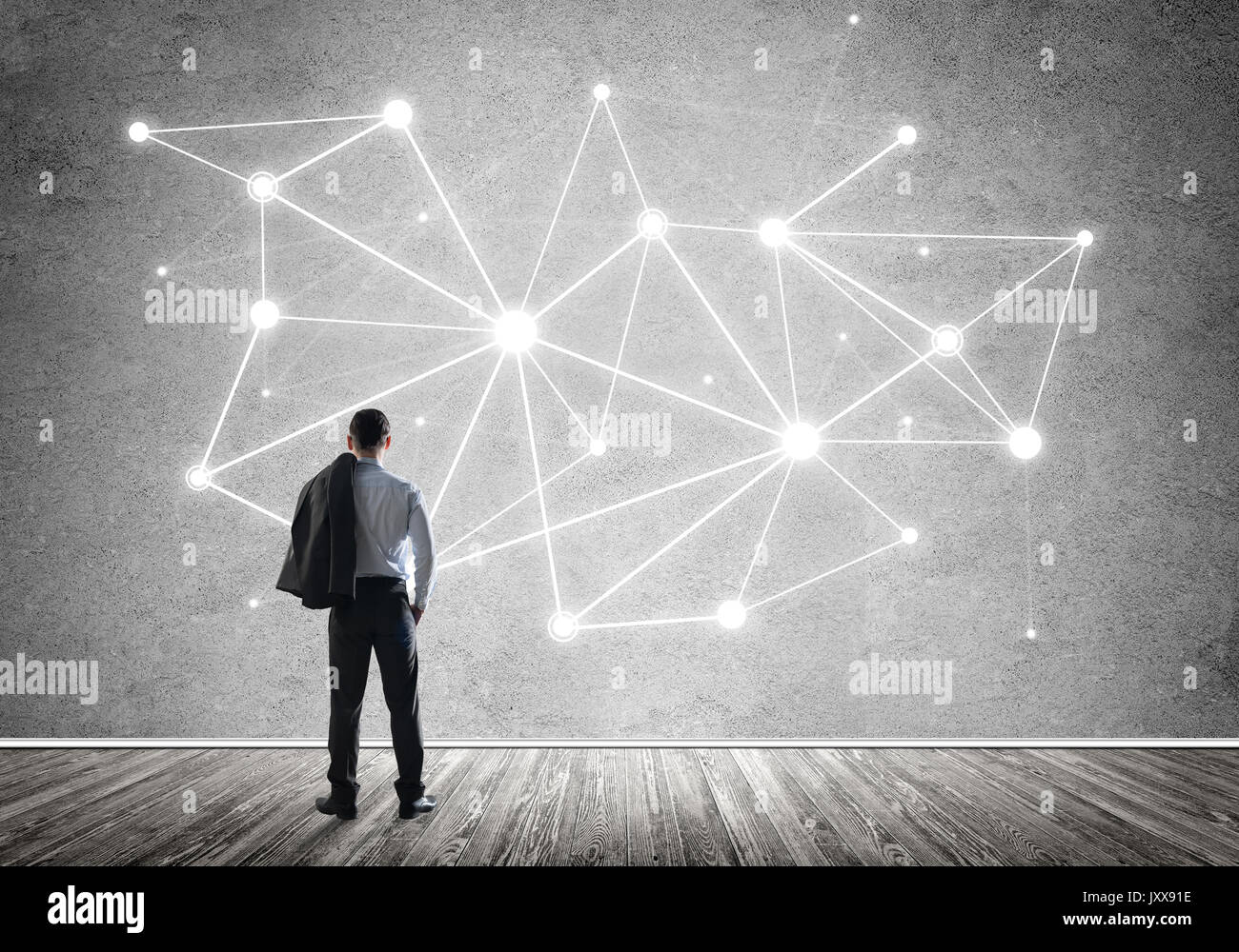 Connection lines drawn on concrete wall as symbol for networking Stock ...