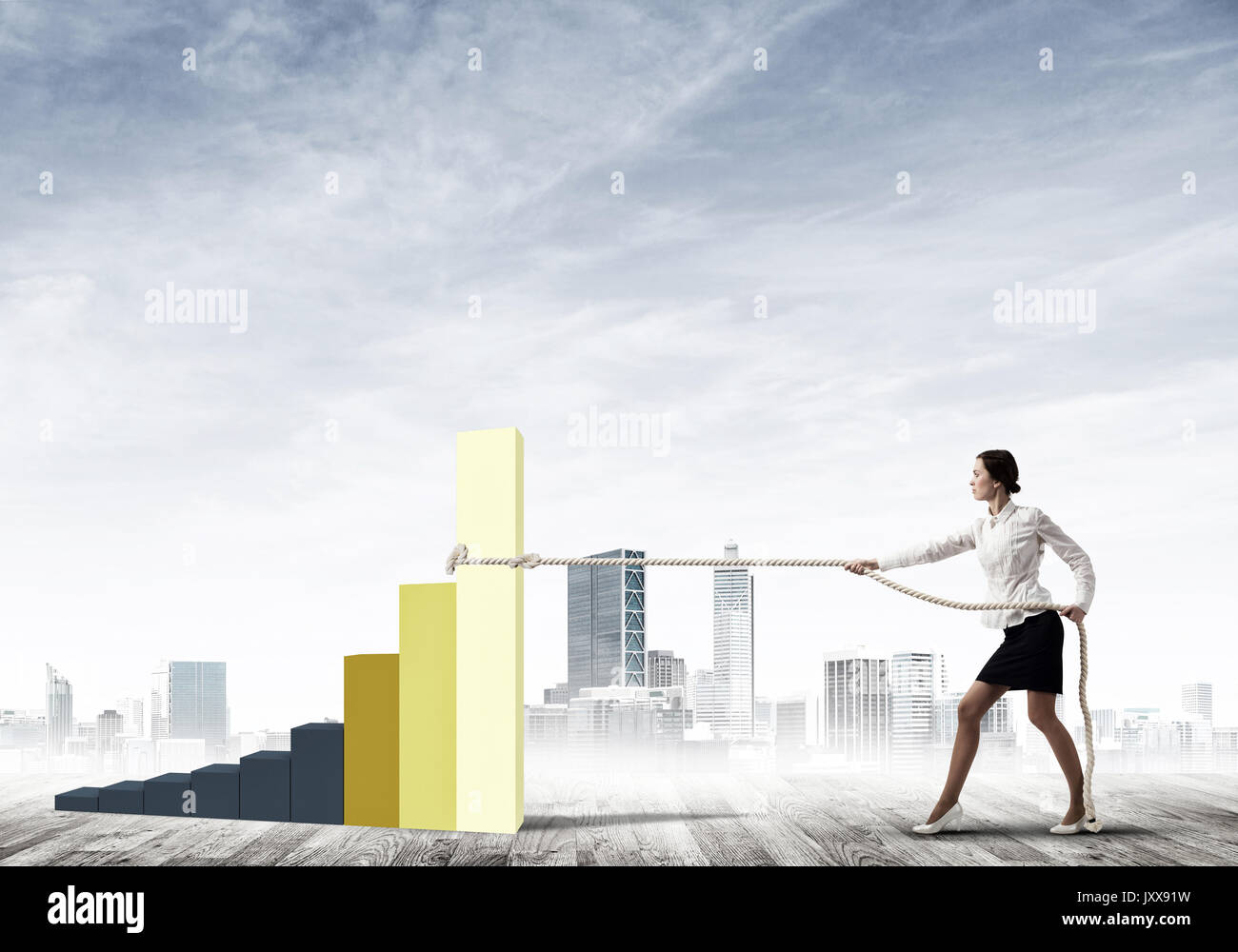 Businesswoman pulling arrow with rope and making it raise up Stock ...