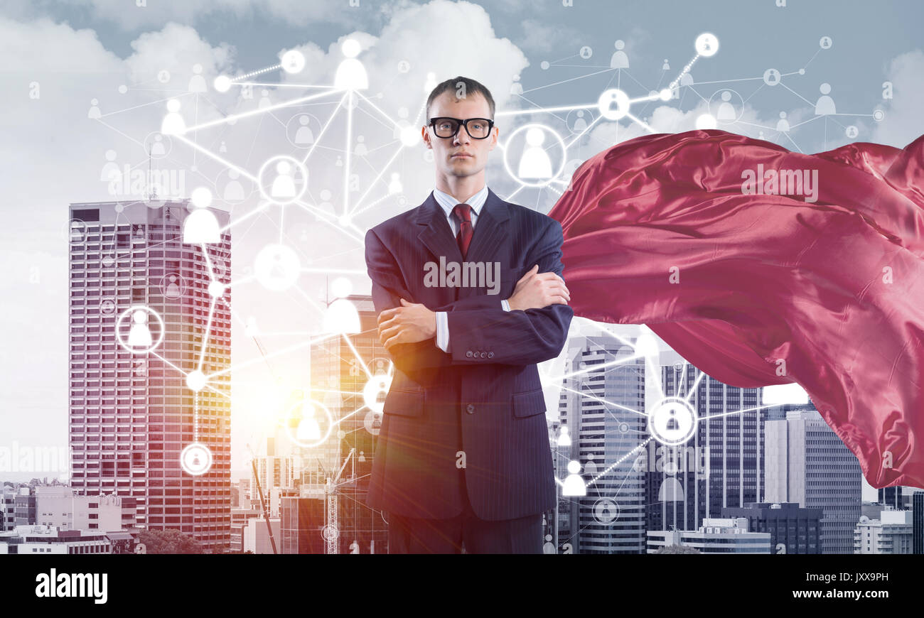 Concept of power and sucess with businessman superhero in big city ...