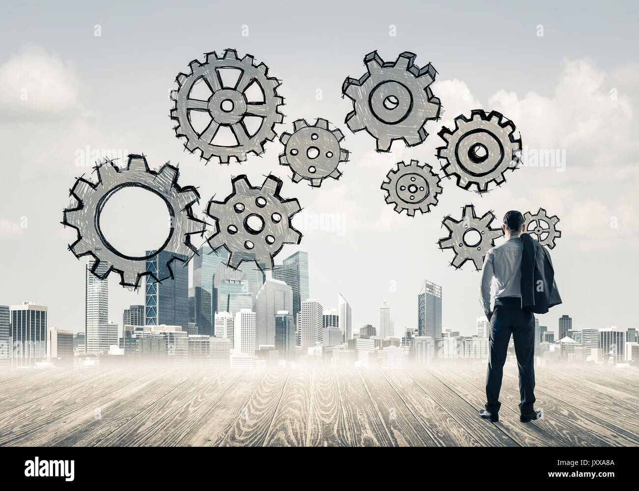 Cogwheel engine drawn on screen as symbol for teamwork and coope Stock ...