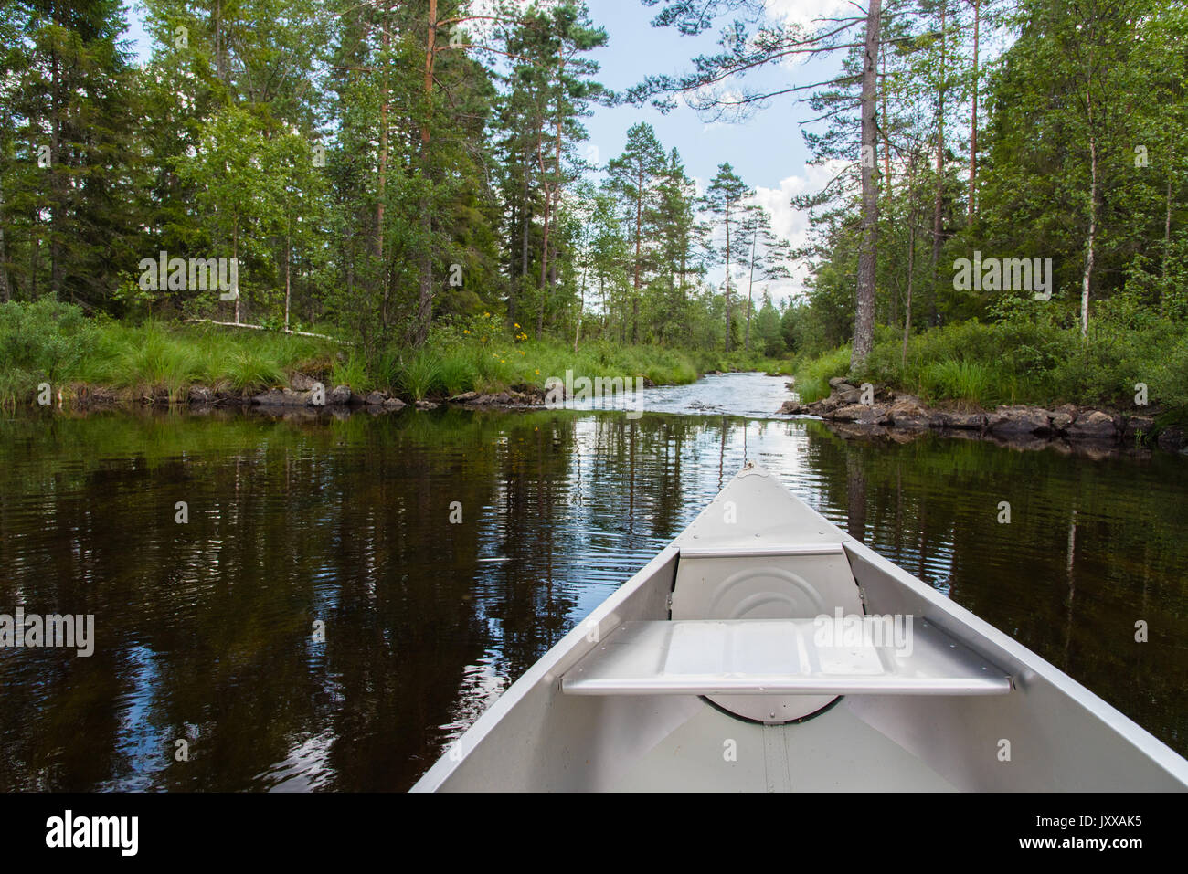 An aluminum canoe near whitewater in a forest Stock Photo - Alamy