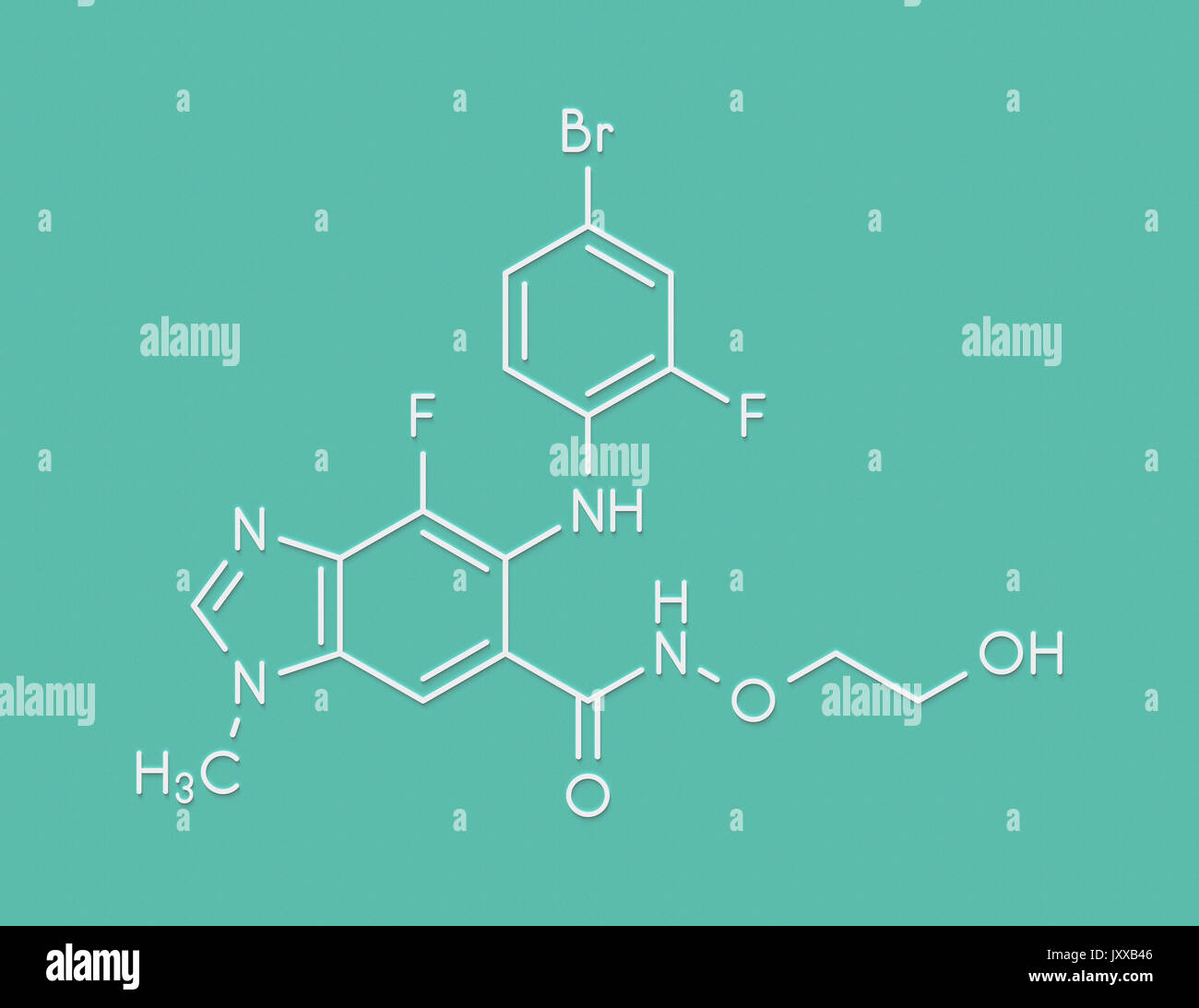 Binimetinib cancer drug molecule (MEK inhibitor). Skeletal formula ...