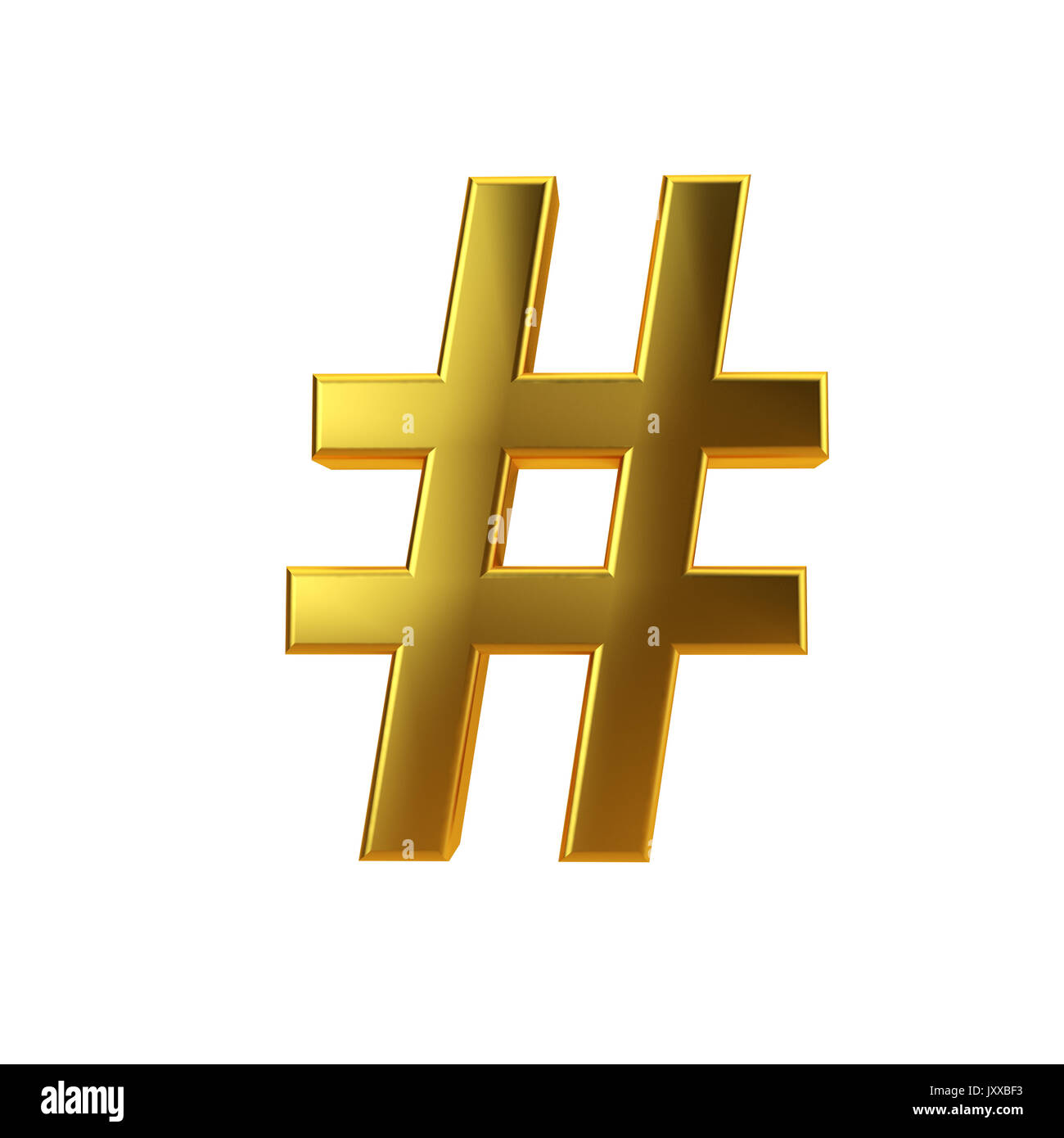 Shiny gold hashtag symbol on a plain white background. 3D Rendering ...