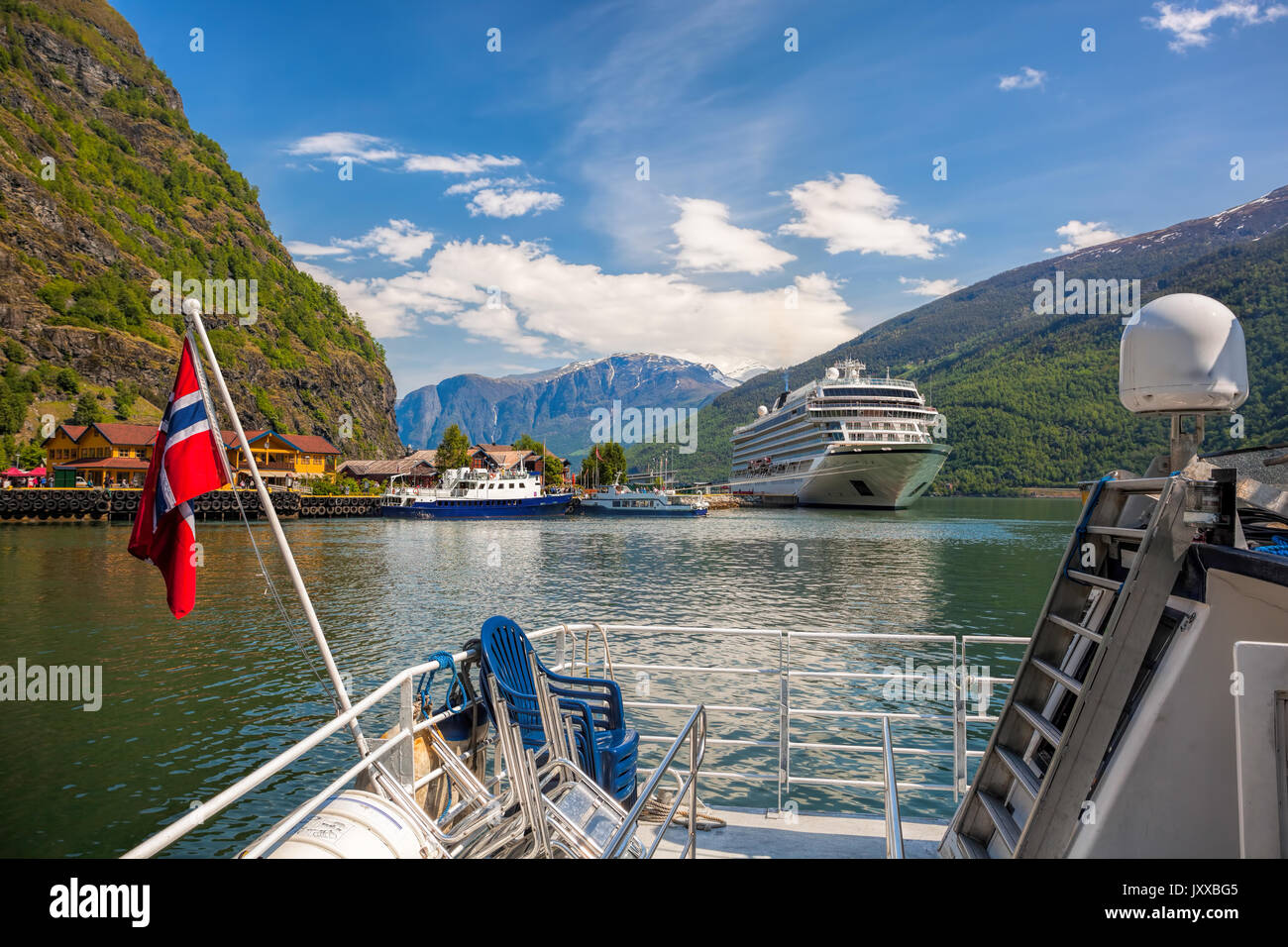 Port of Flam village with ships in fjord, Norway Stock Photo - Alamy
