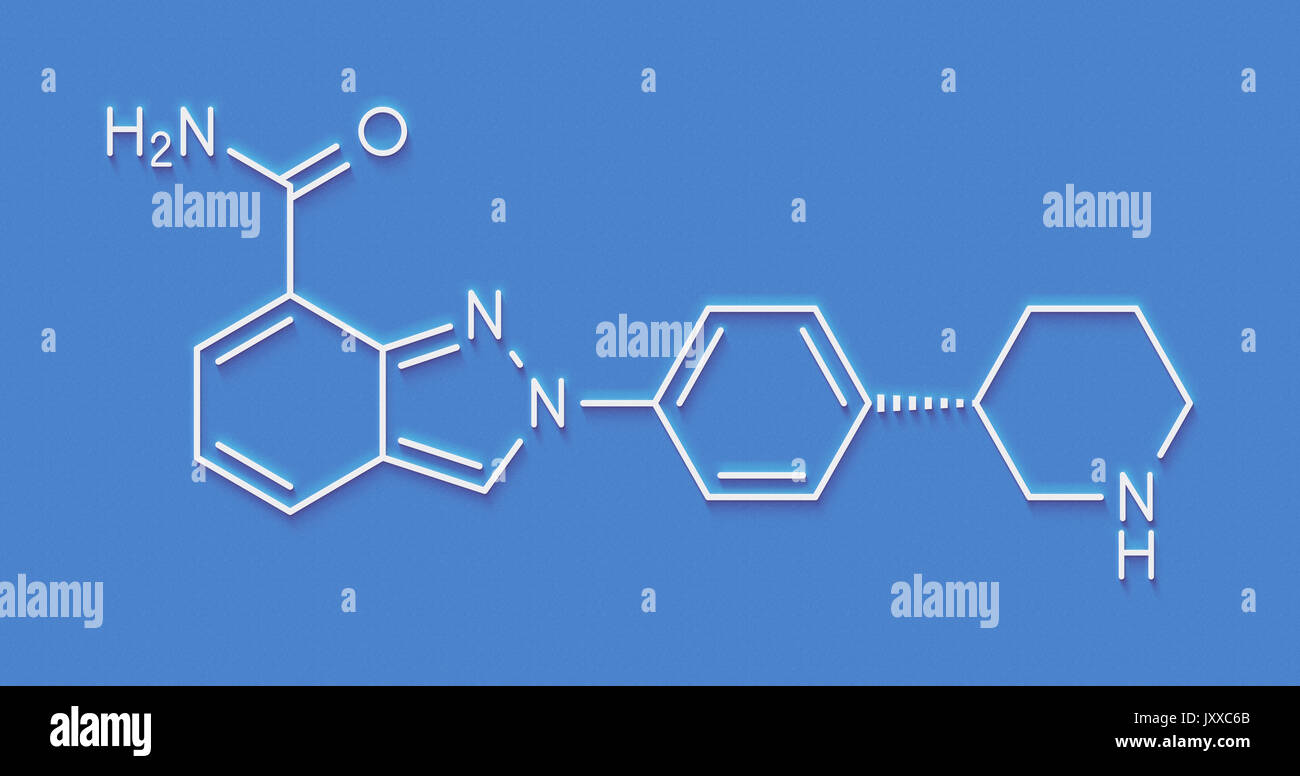 Niraparib cancer drug molecule (PARP inhibitor). Skeletal formula Stock ...
