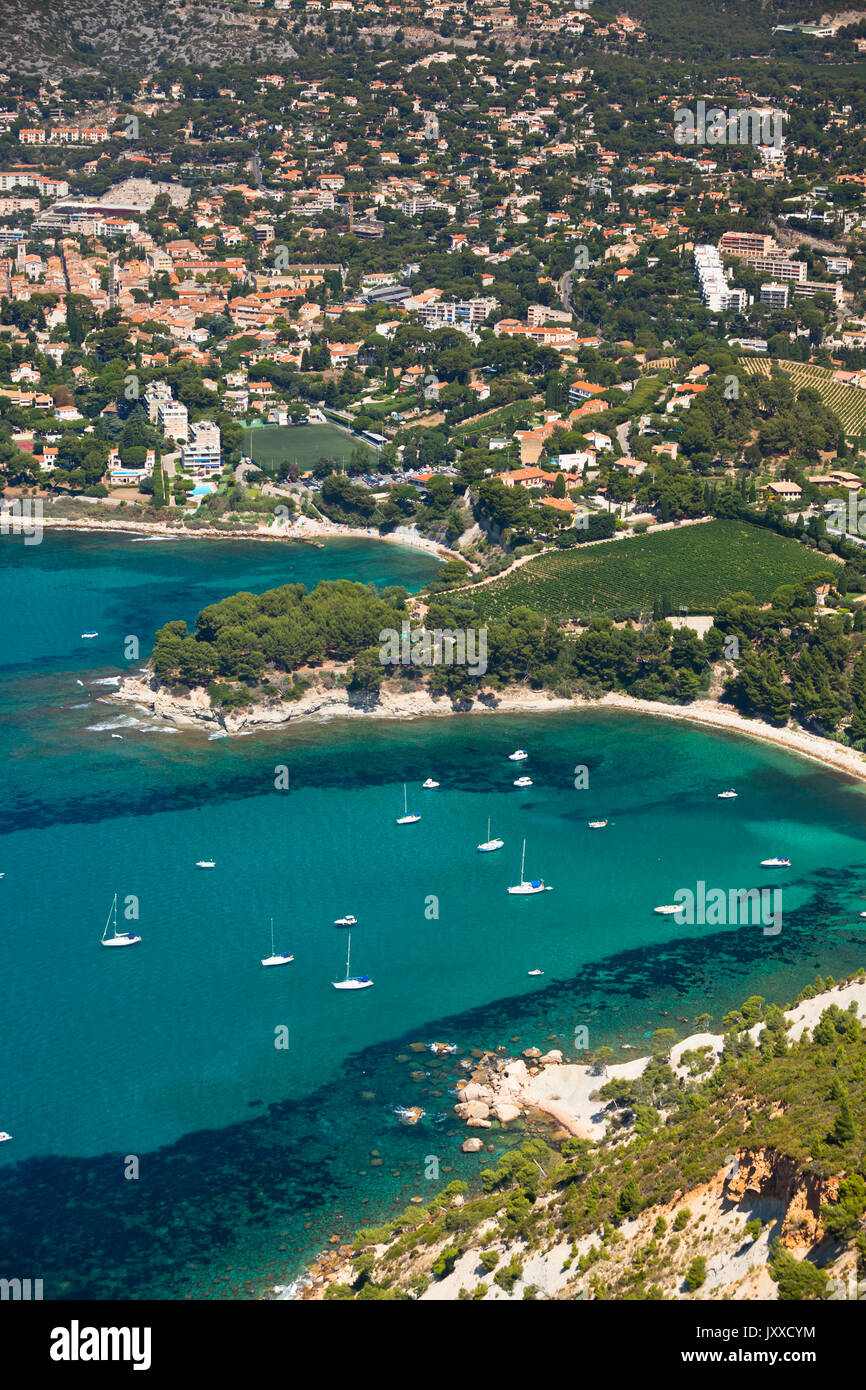 Panoramic top view of the Cassis coastline from the Route des Cretes in ...