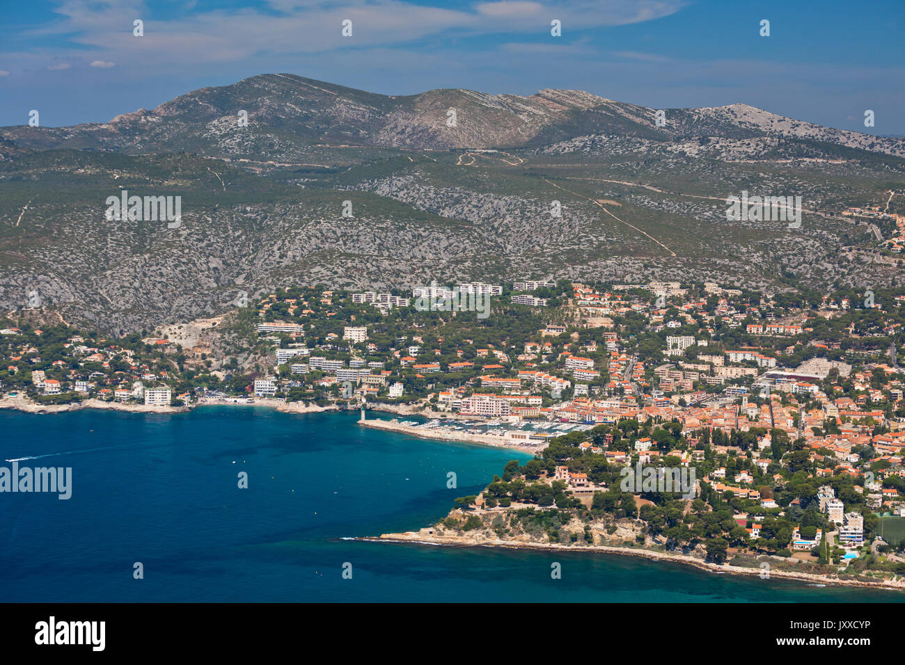 Panoramic top view of the Cassis coastline from the Route des Cretes in ...