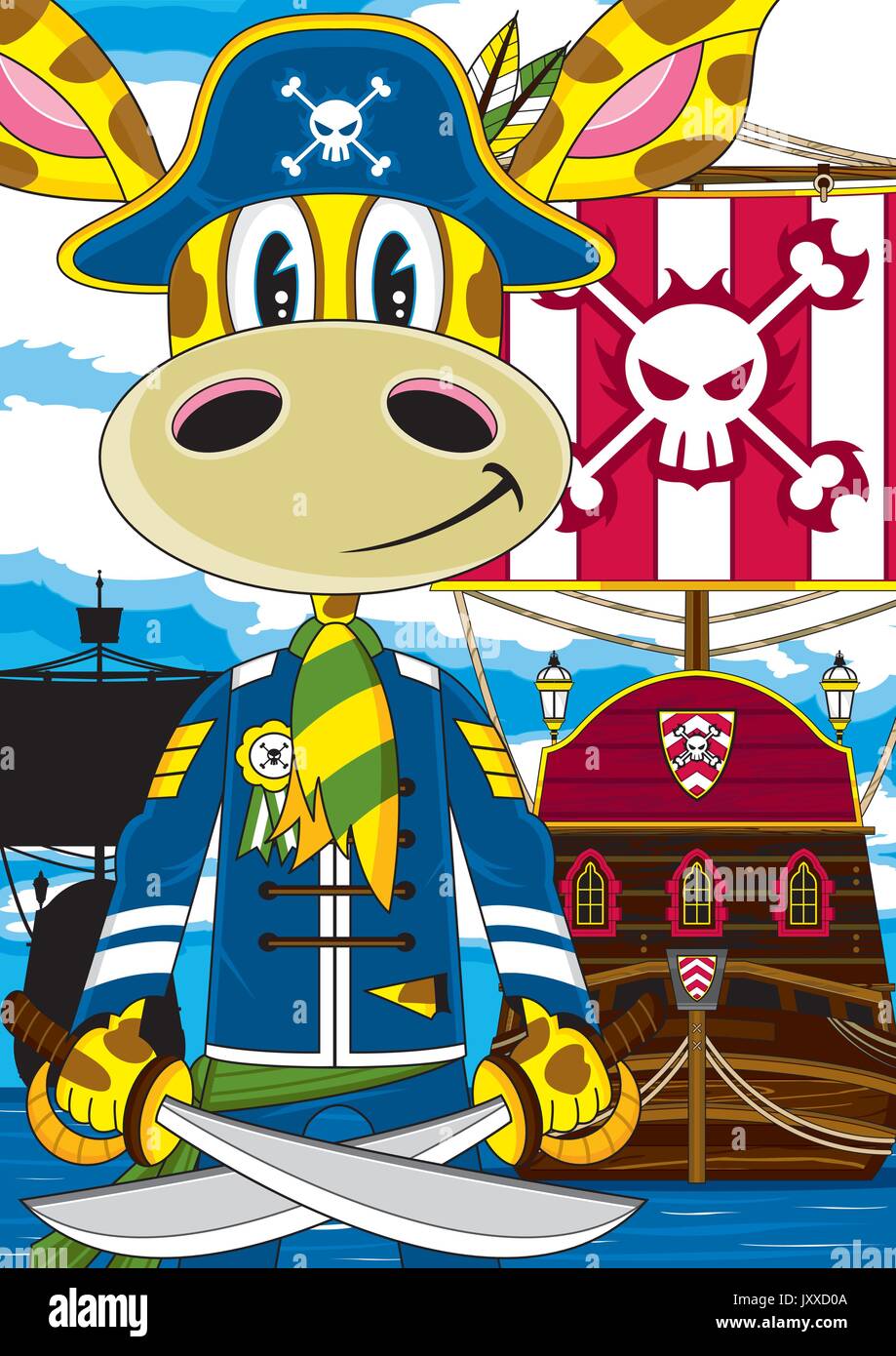 Cute Cartoon Giraffe pirate Captain and Pirates Ship Stock Vector Image ...
