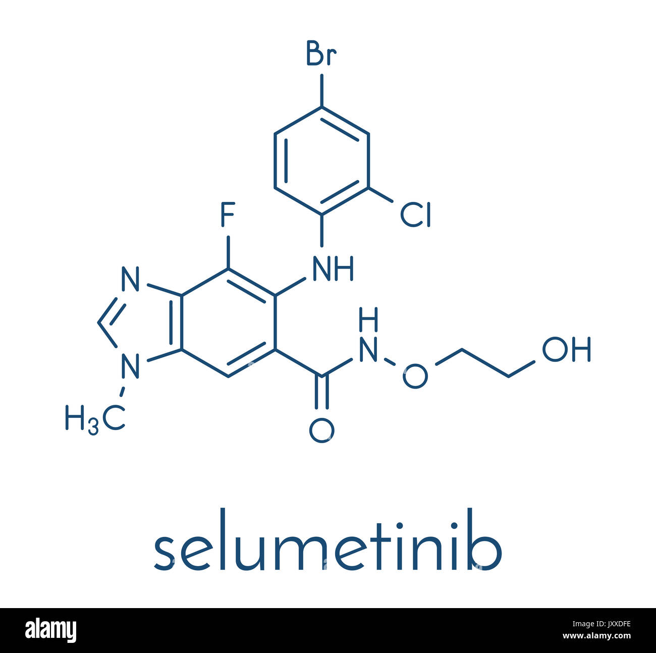 Selumetinib cancer drug molecule (MEK1 and MEK2 inhibitor). Skeletal ...