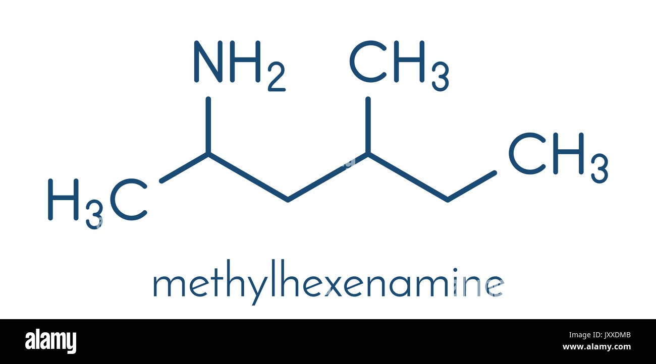 Methylhexanamine (dimethylamylamine, DMAA) stimulant molecule. Skeletal ...