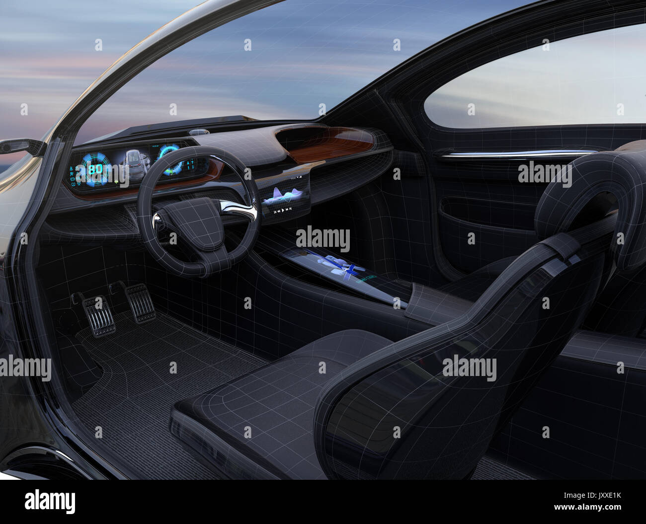 Electric vehicle interior concept in wireframe. 3D rendering image ...