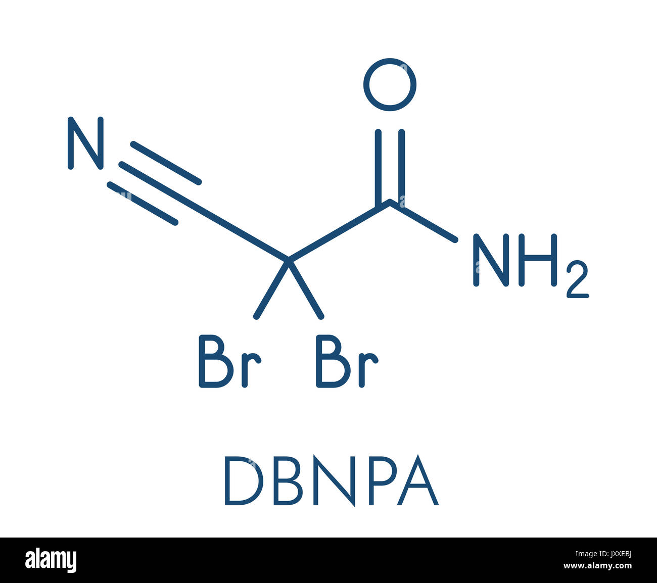 2,2-dibromo-3-nitrilopropionamide (DBNPA) biocide molecule. Skeletal ...
