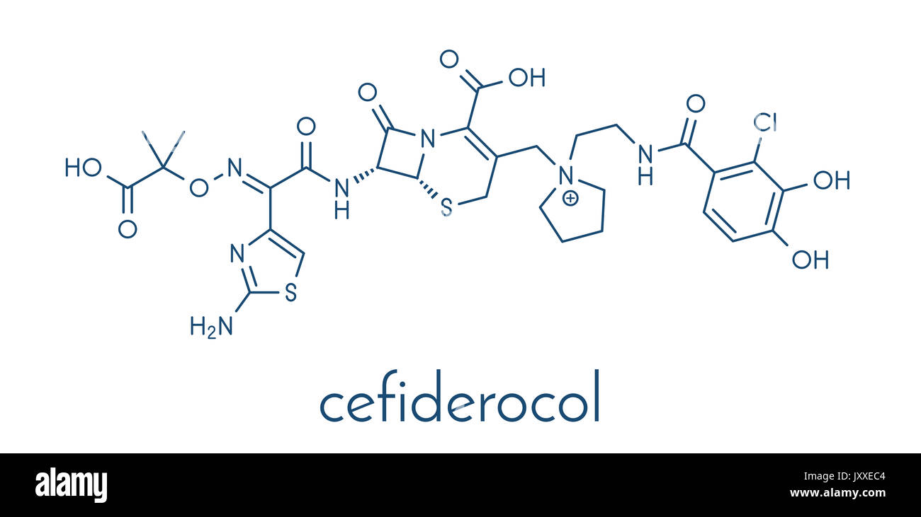 Cefiderocol antibiotic drug molecule (cephalosporin class). Skeletal ...
