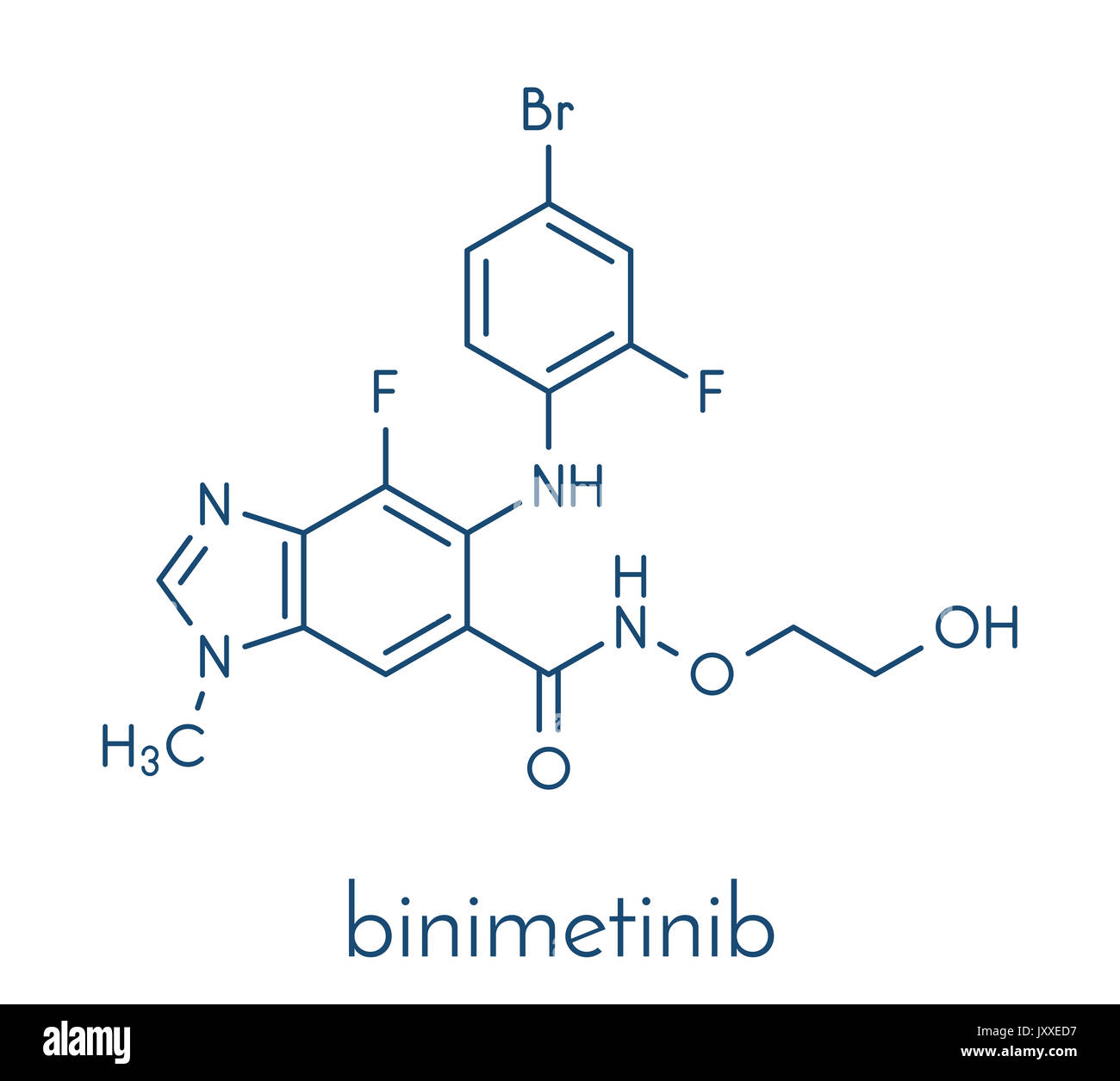 Binimetinib cancer drug molecule (MEK inhibitor). Skeletal formula ...