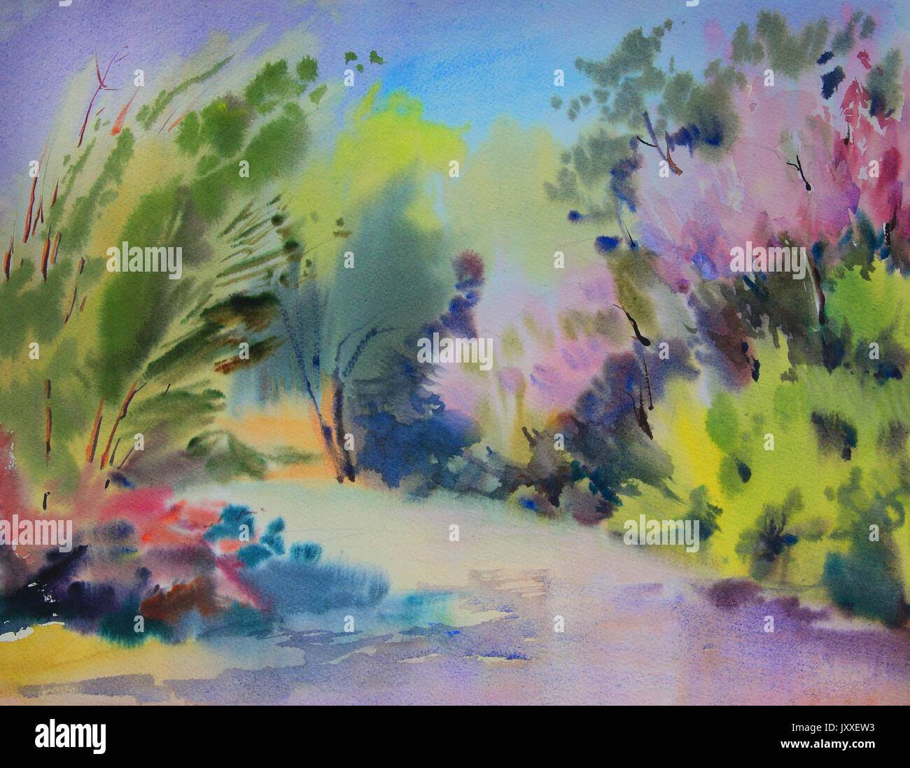 Watercolor painting forest landscape Stock Photo - Alamy