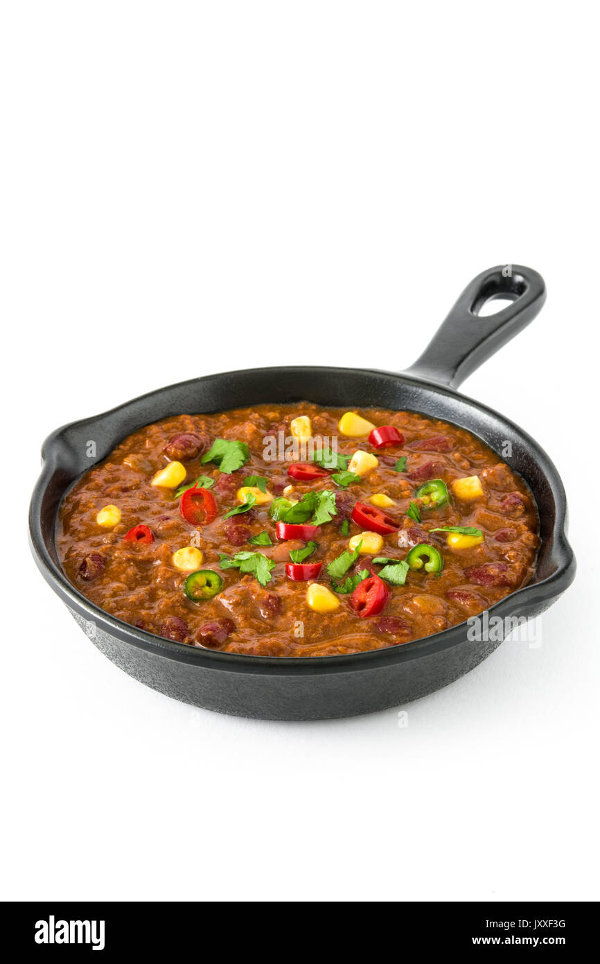 Traditional mexican tex mex chili con carne in a frying pan isolated on ...